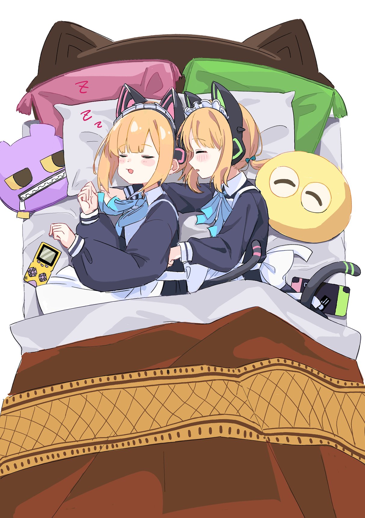 Safebooru - 2girls animal ear headphones animal ears bed bed sheet black dress blonde hair blue ...