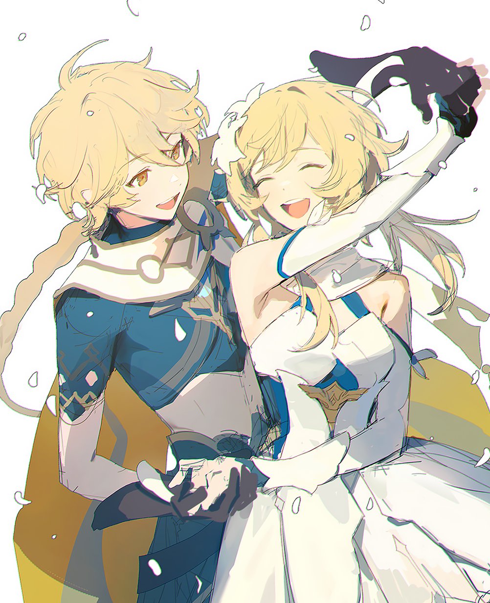 Safebooru - 1boy 1girl aether (genshin impact) ahoge arm armor arm up bare shoulders black ...