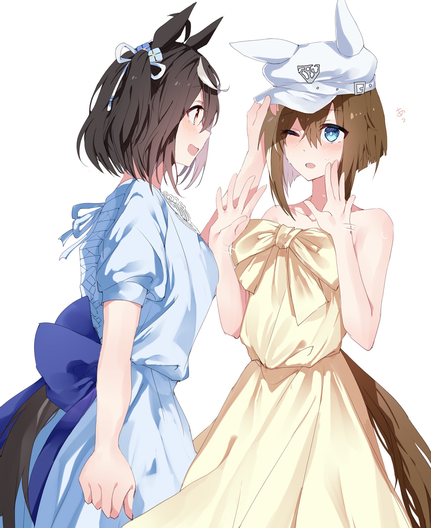 Safebooru - 2girls ;o ahoge animal ears bare shoulders black hair blue bow blue dress blue eyes ...