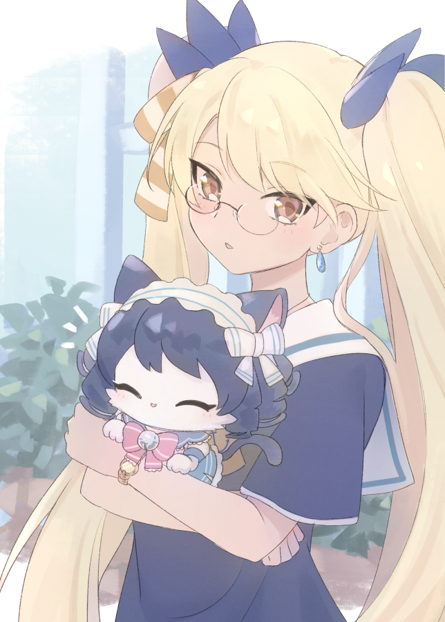 Safebooru - 2girls :o ^ ^ animal ears bell blonde hair blue shirt bow bowtie brown eyes carrying ...