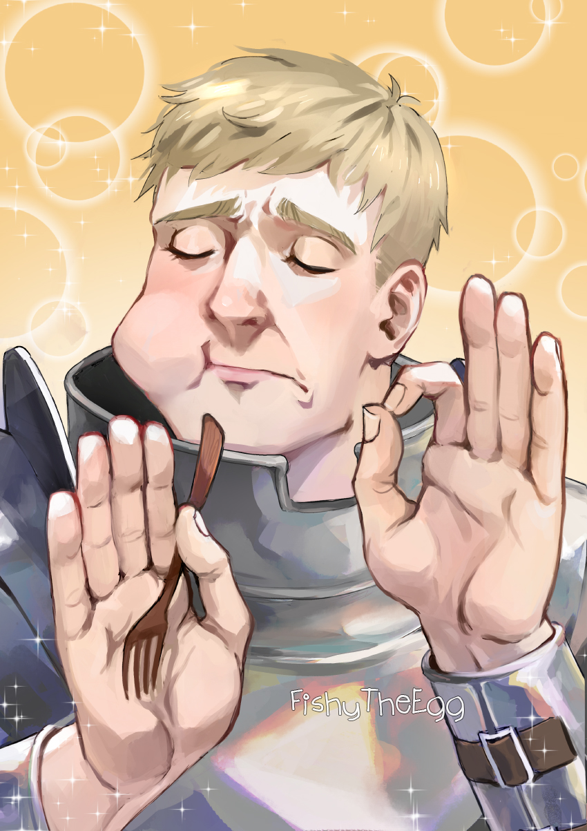 Safebooru - 1boy armor artist name blonde hair closed eyes closed mouth commentary dungeon meshi ...