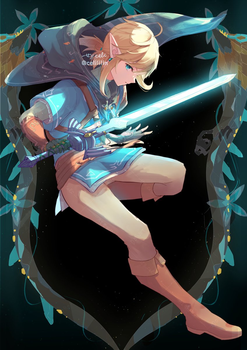 Safebooru - 1boy belt belt buckle black background blonde hair blue eyes blue tunic boots brown ...