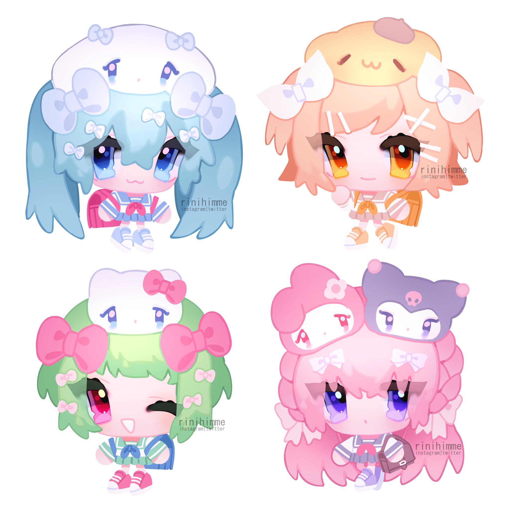 Safebooru - 4girls :3 animal hat aqua hair artist name backpack bag ...