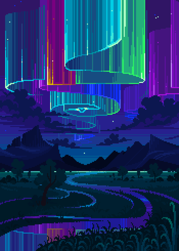 Safebooru - aurora clouds grass jubilee (8pxl) landscape mountainous horizon night night sky no ...