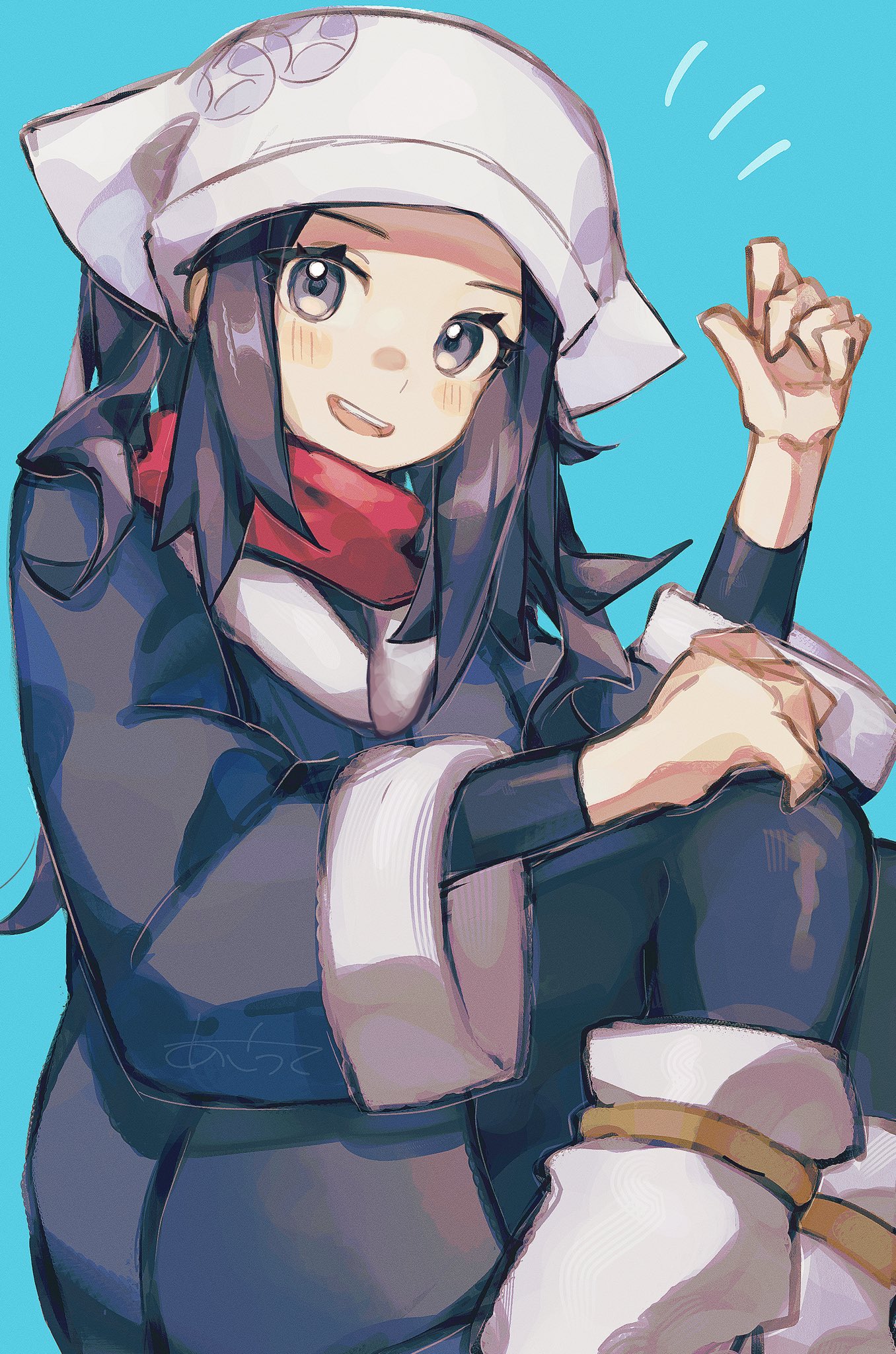 Safebooru - 1girl akari (pokemon) asatte 3z black hair black shirt blue background blush ...