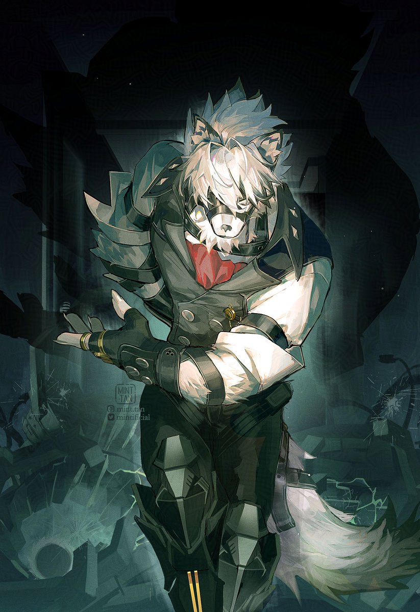 Safebooru - 1boy abstract background animal ears arm behind back ascot black gloves black jacket ...