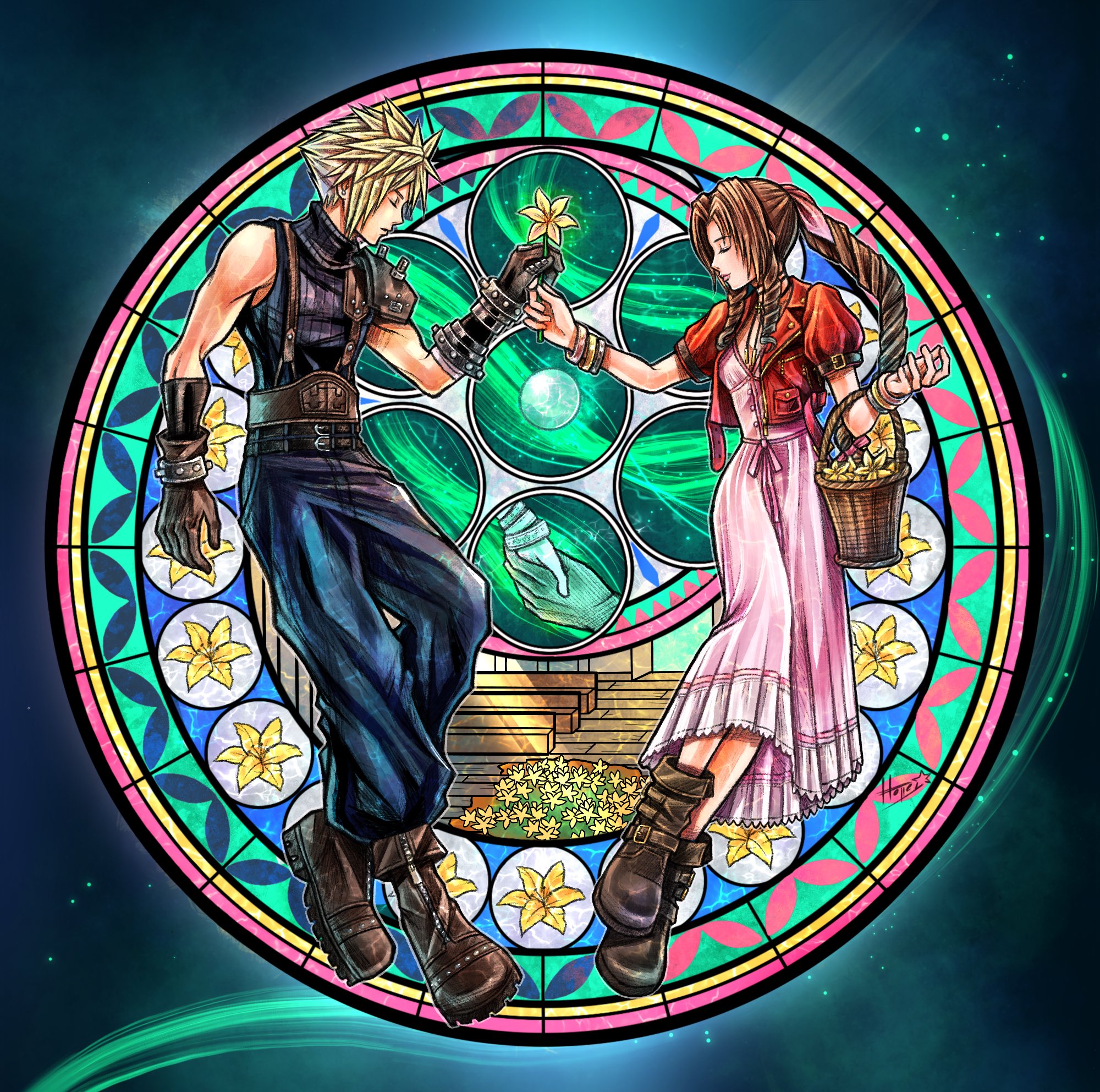 Safebooru - 1boy 1girl aerith gainsborough armor baggy pants bandaged arm bandages bangle belt ...