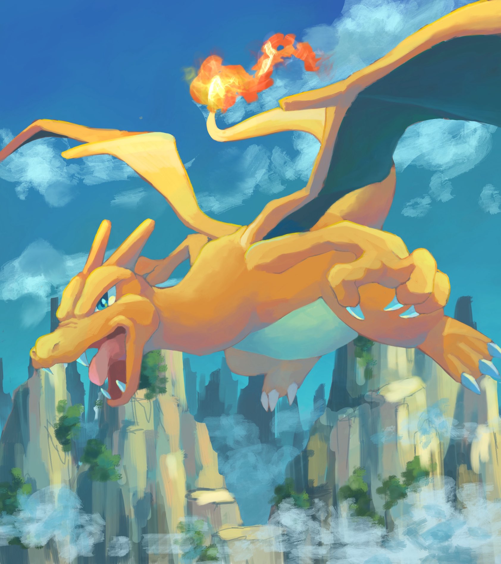 Safebooru - charizard colored skin fangs fiery tail green eyes highres ...