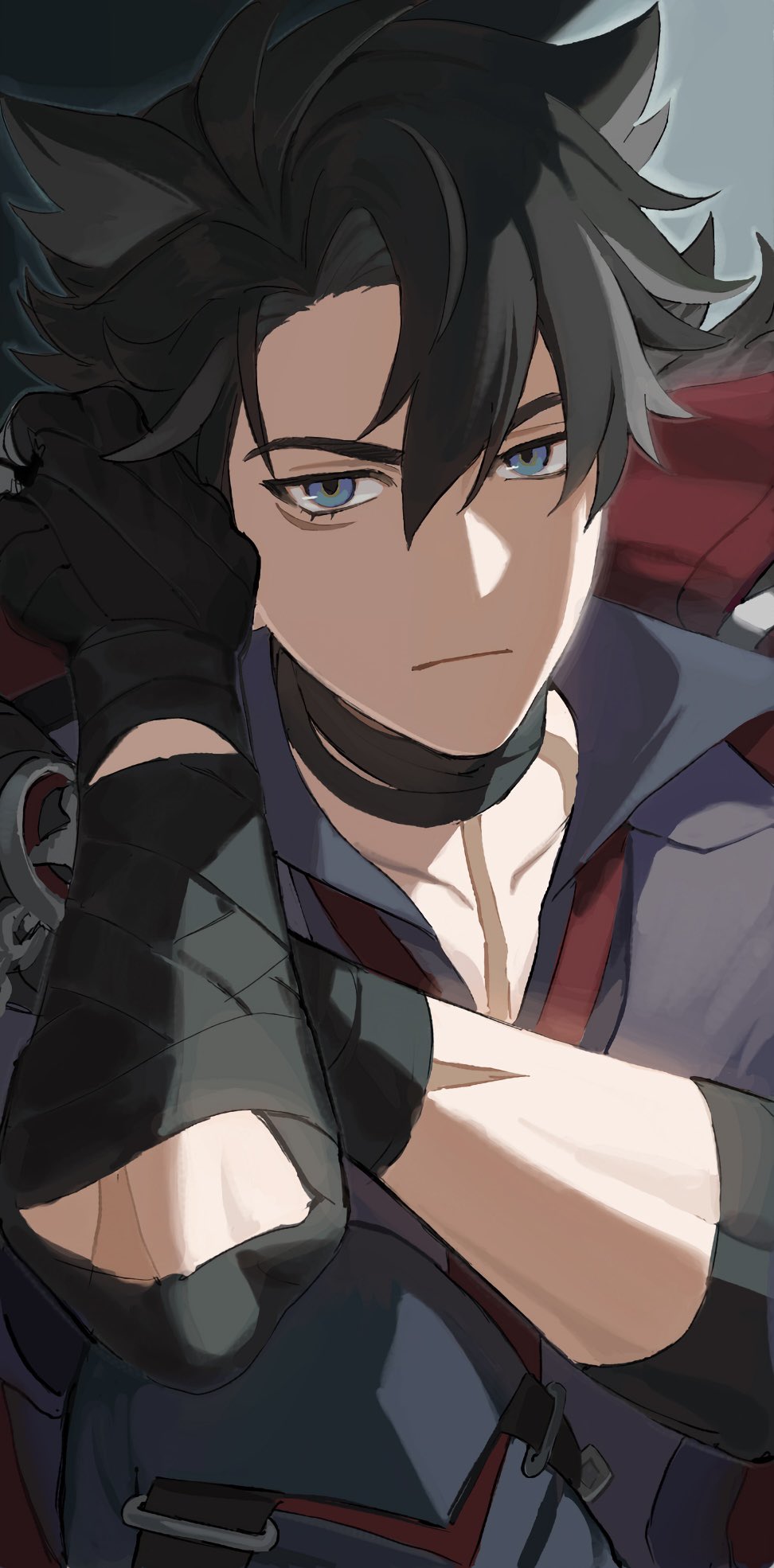 Safebooru - 1boy 42u16 bandaged arm bandaged neck bandages black gloves black hair black shirt ...