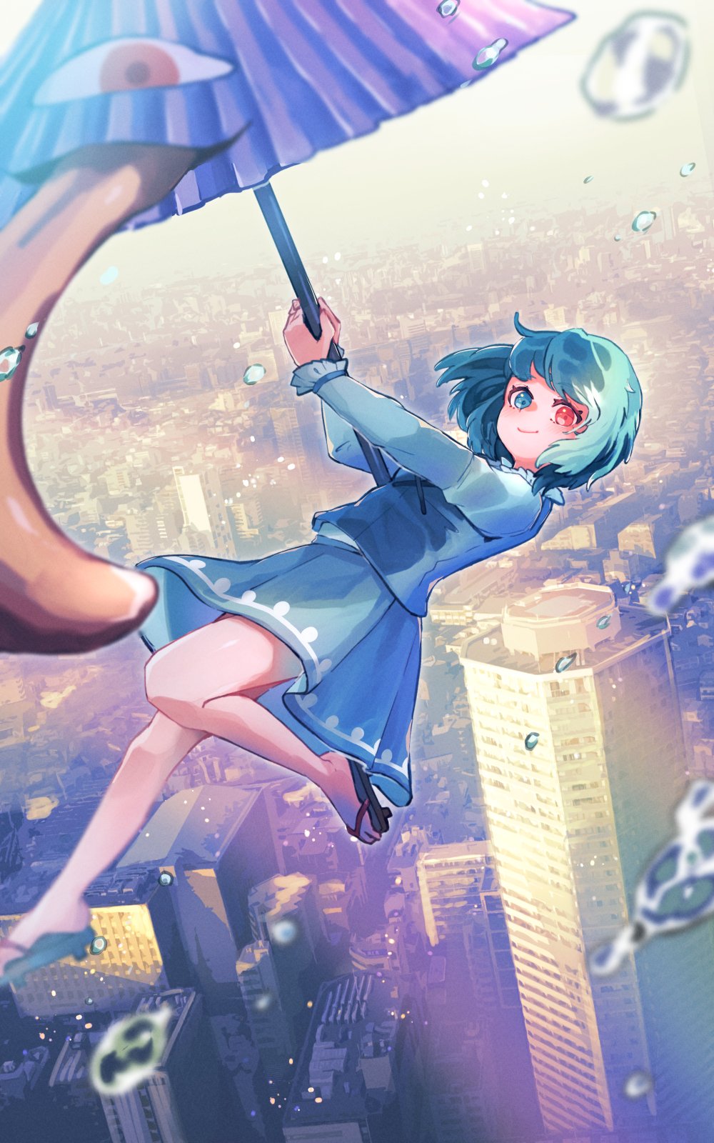 Safebooru - 1girl blue eyes blue hair blue skirt blue vest building city floating full body geta ...