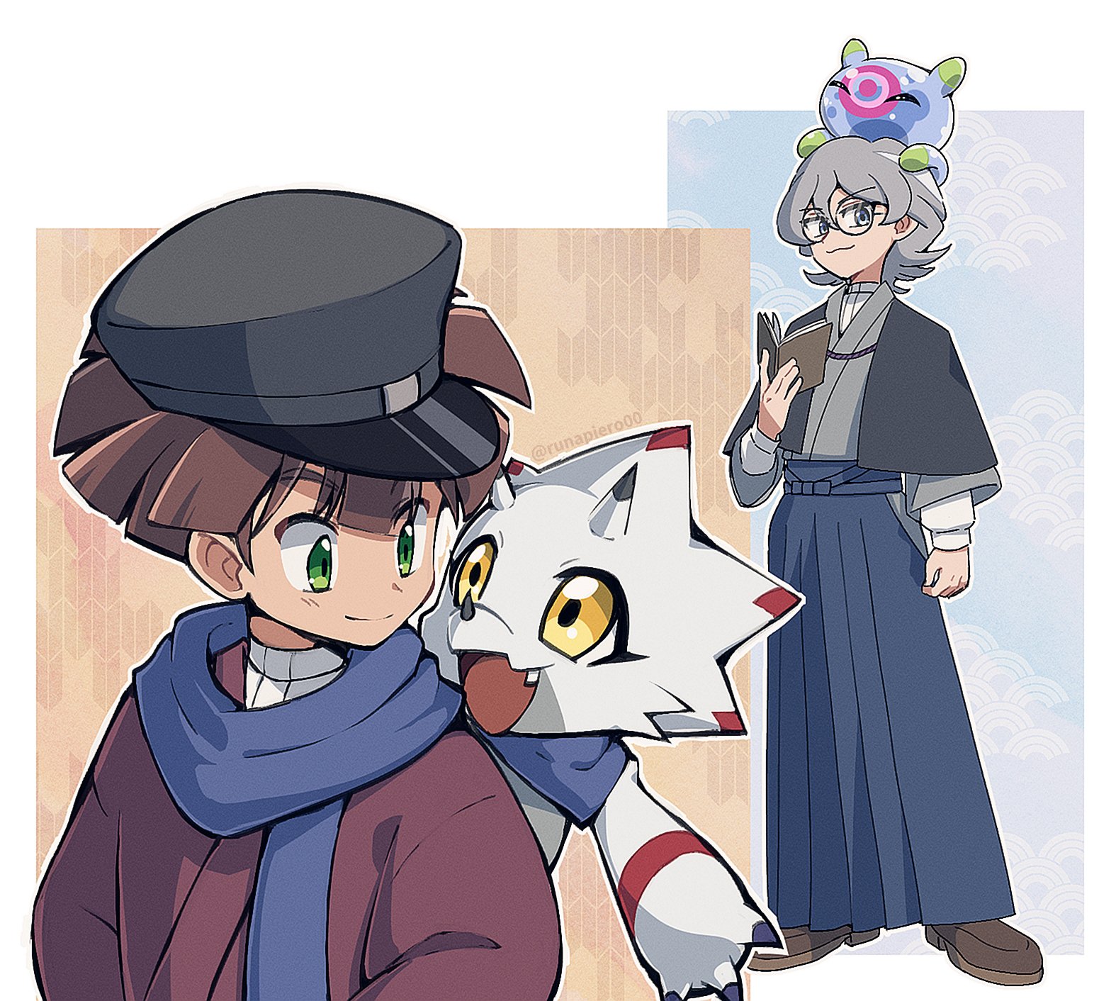 Safebooru - 1girl 2boys amanokawa hiro black hat blue scarf brown hair ...