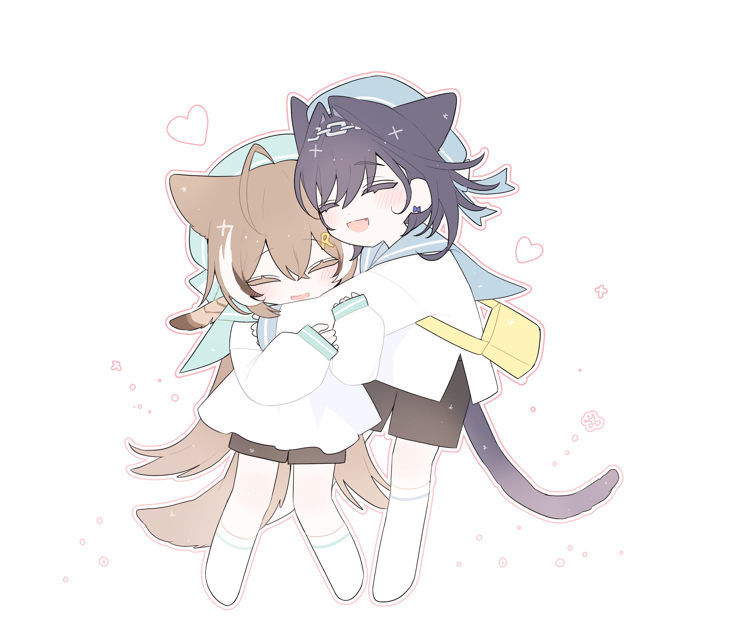 Safebooru - 2girls :d aged down ahoge alternate costume animal ears bag beret black shorts blue ...