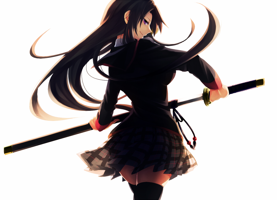 Safebooru - 1girl black hair black thighhighs brown hair drawing sword ...