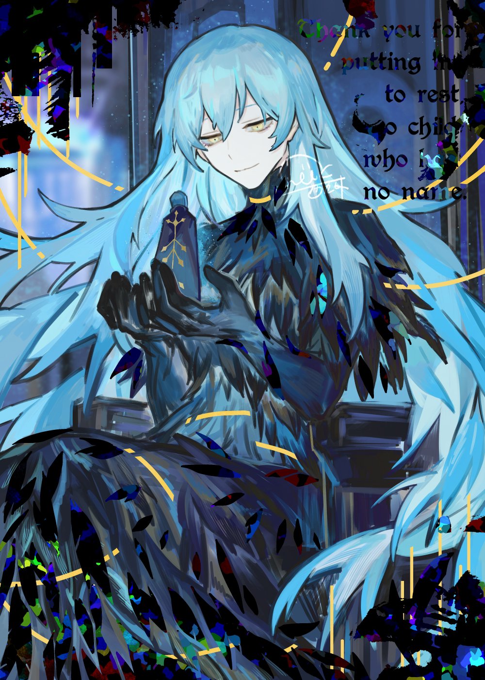 Safebooru - 1girl 1other angela (project moon) black cape black dress black gloves blue hair ...