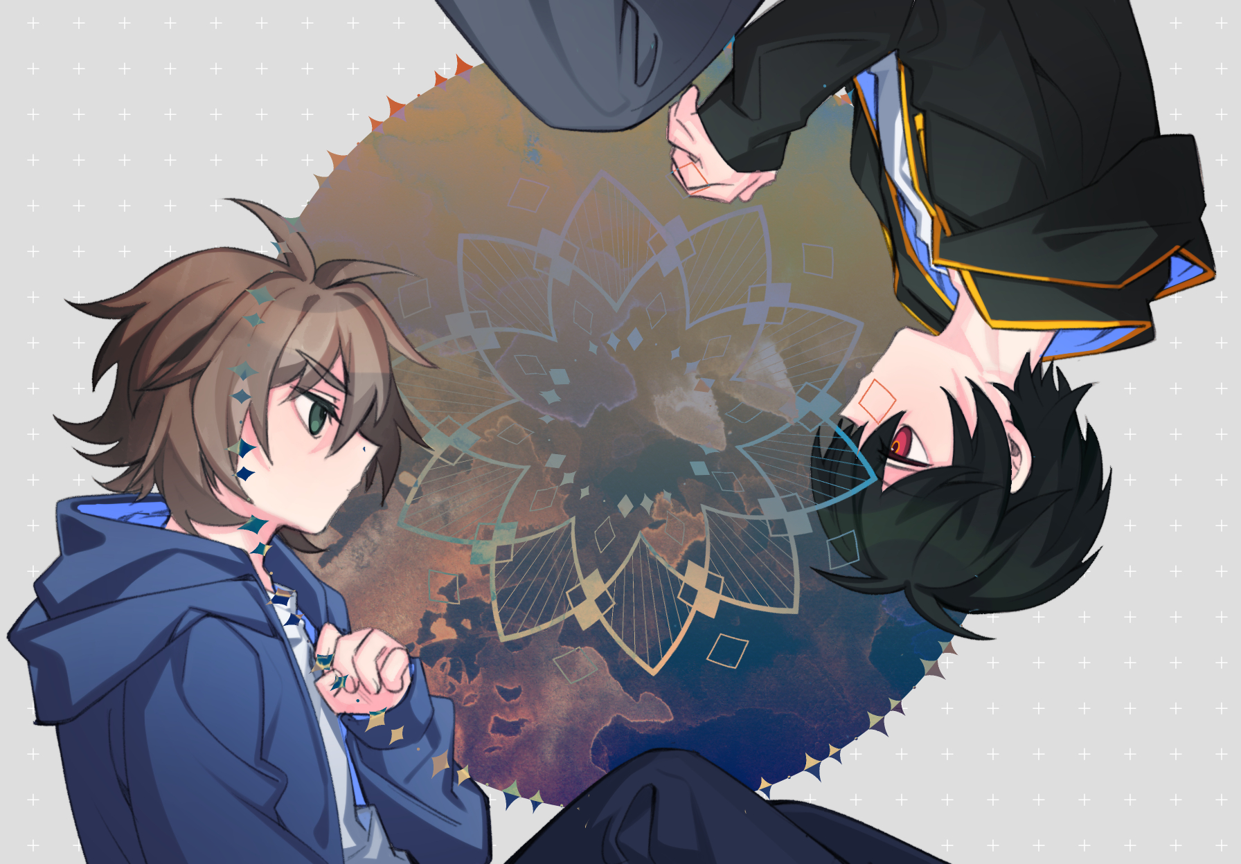 Safebooru - 2boys black hair black jacket black pants blue jacket brown hair character request ...