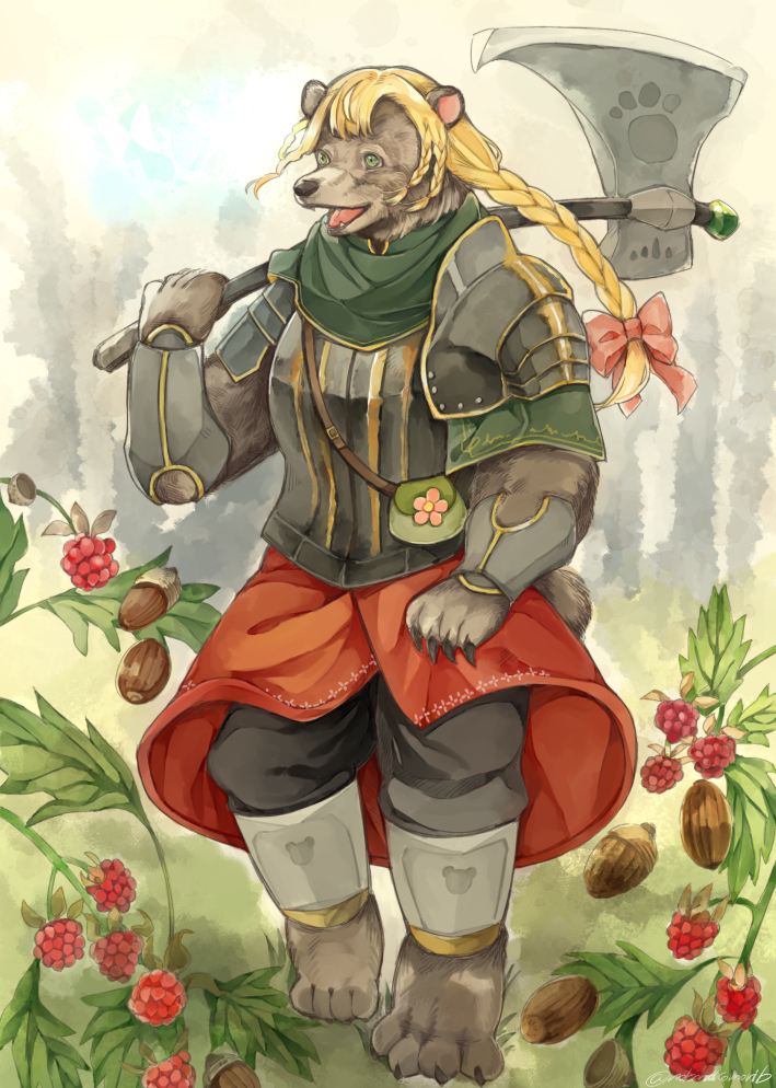 Safebooru - :o acorn armor axe bag barefoot bear berry blonde hair bow ...