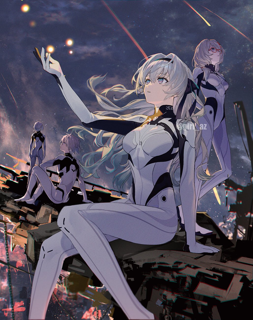 Safebooru - 1boy 3girls arm support black bow black hairband blue eyes bodysuit bow breasts ...