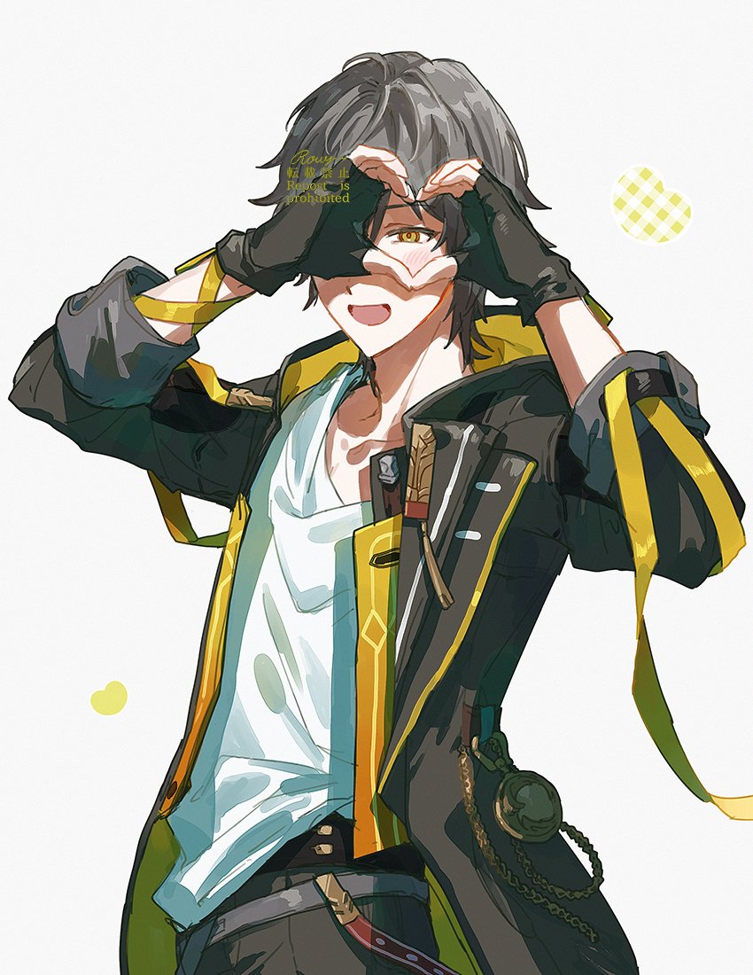 Safebooru - 1boy arm ribbon artist name belt black coat black gloves black pants blush caelus ...