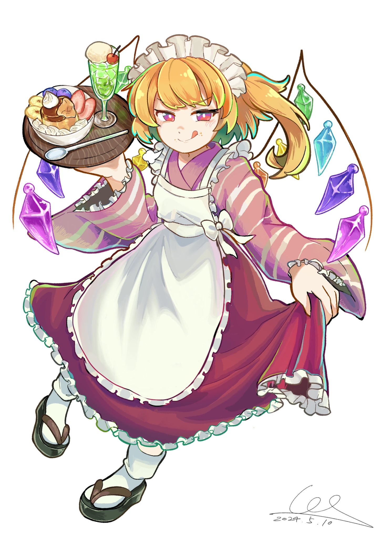 Safebooru - 1girl :q alternate costume apron blonde hair cherry closed mouth crystal wings ...