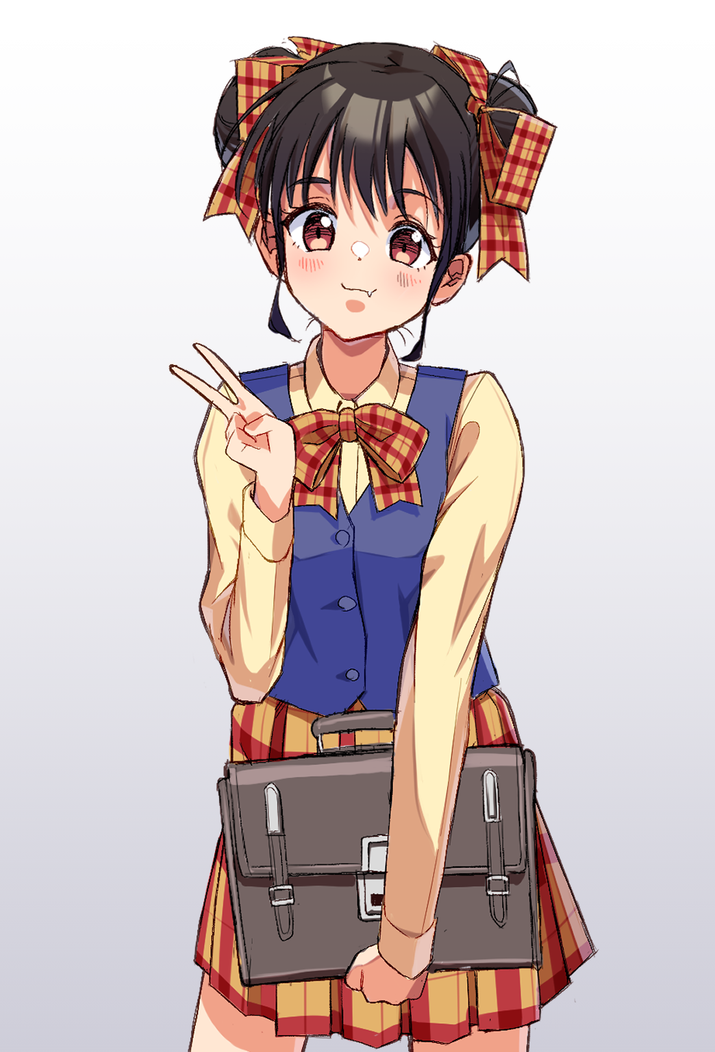 Safebooru - 1girl :3 black hair blush bow bowtie briefcase brown eyes chipushishi collared shirt ...