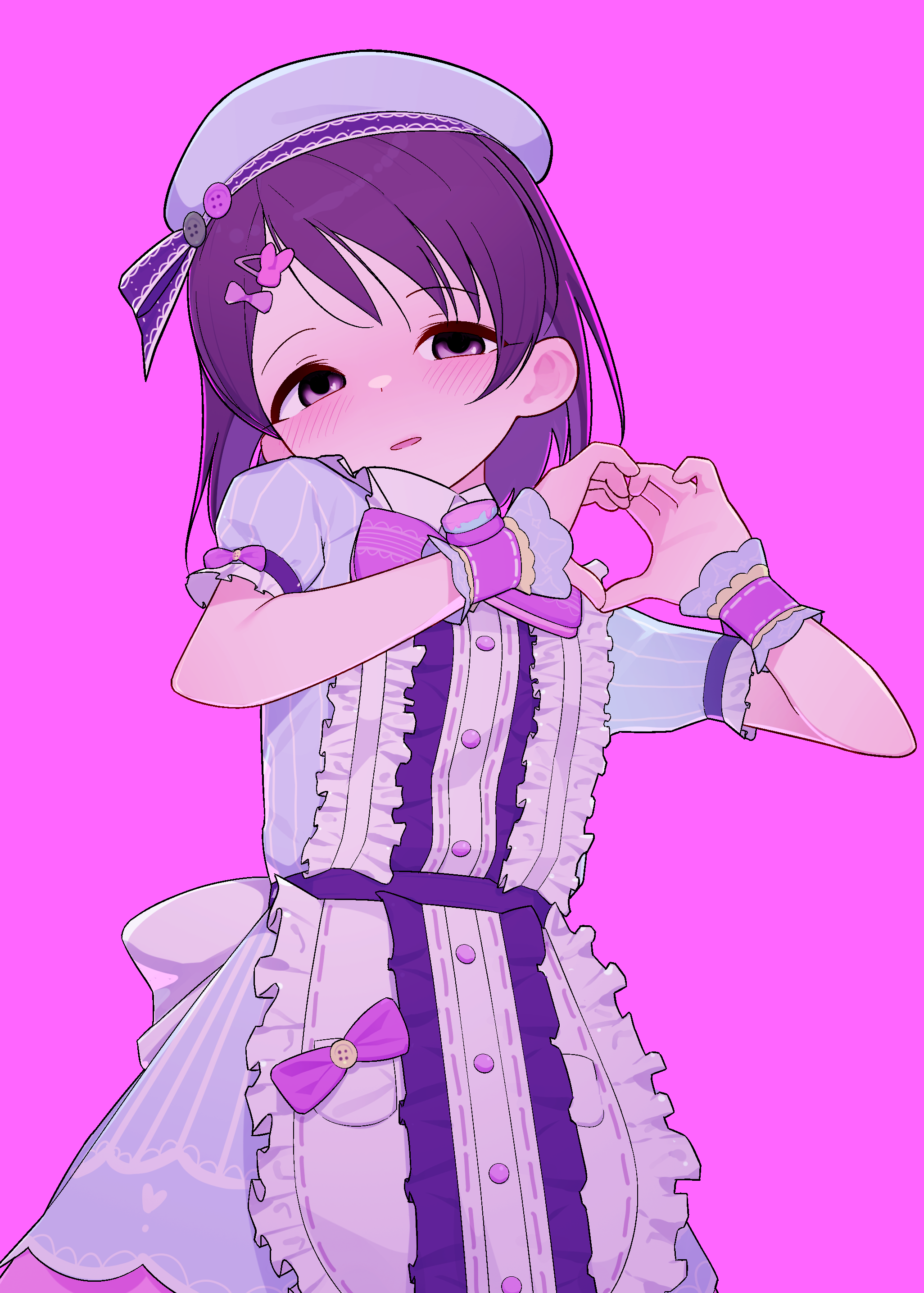 Safebooru - 1girl absurdres beret black hair blue dress blue hat blush bow bowtie center frills ...