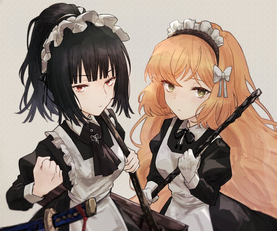 Safebooru - 2girls apron big head black dress black hair broom brown ...
