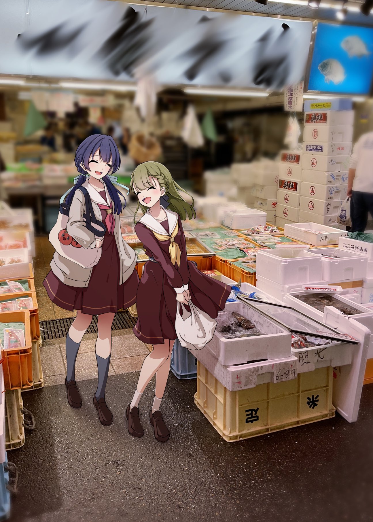 Safebooru - 2girls ^ ^ amagi (volfuji) ankle socks bag black socks blue hair blue ribbon blunt ...