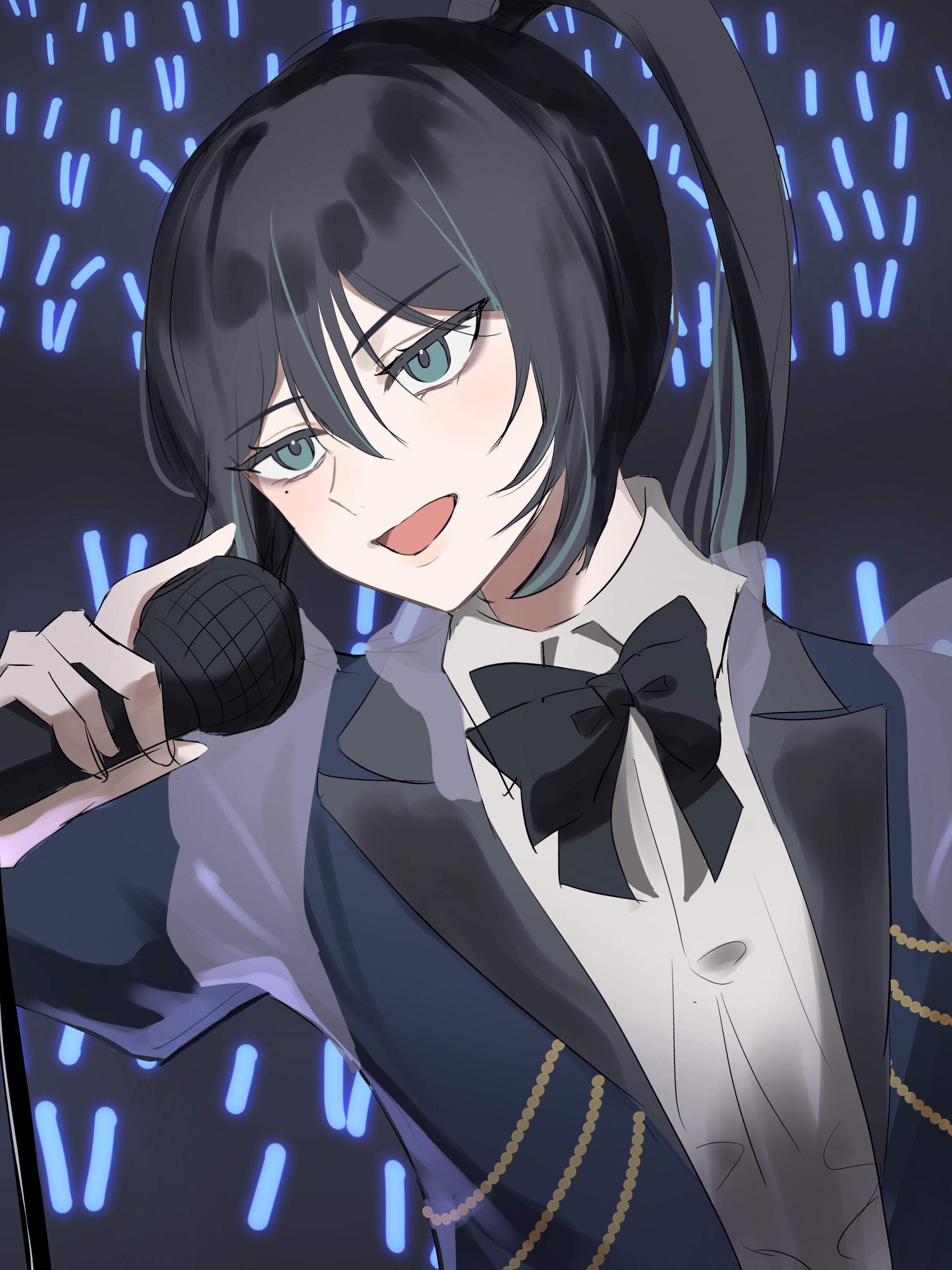 Safebooru - 1girl absurdres ado (utaite) audience black bow black bowtie black hair blue eyes ...