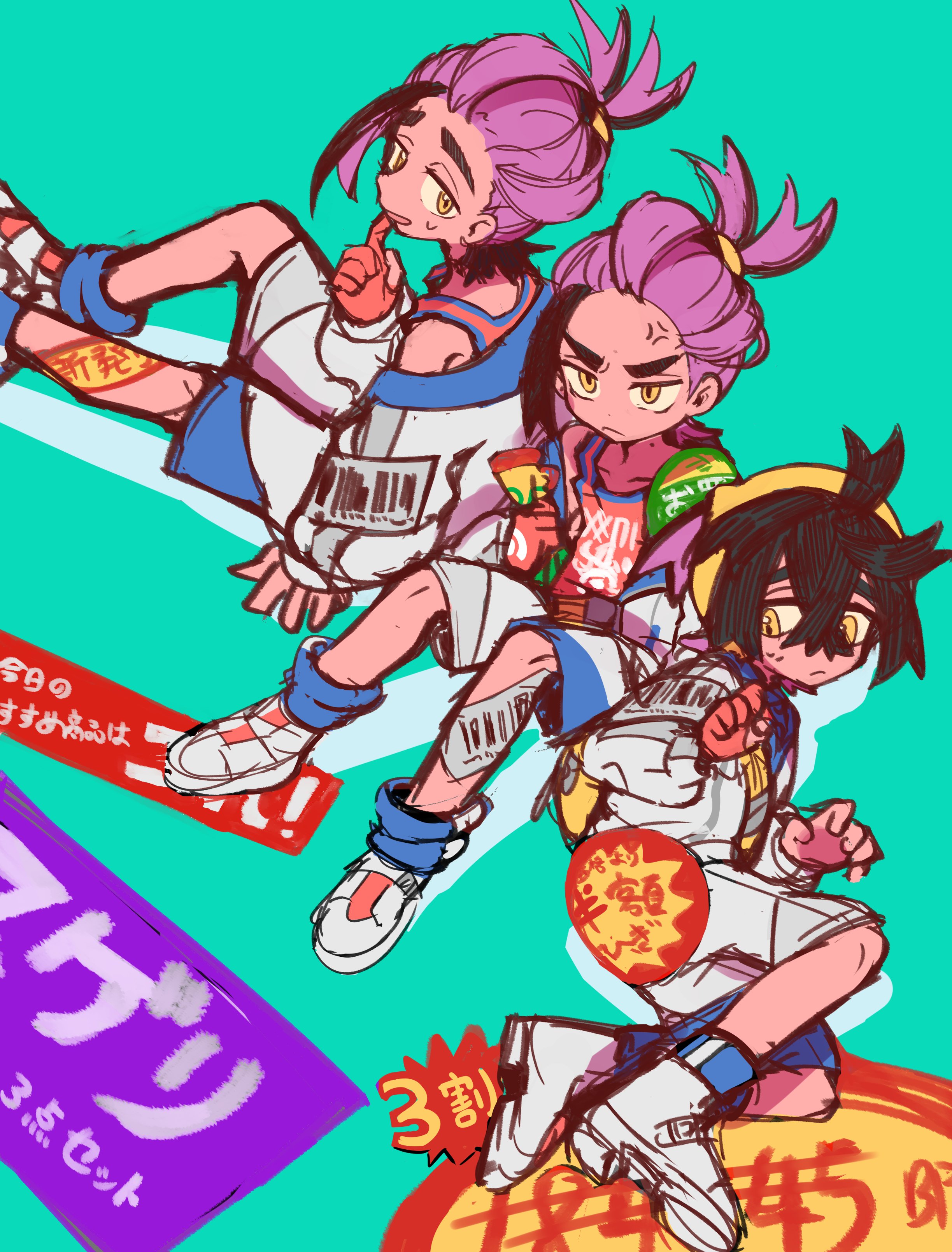 Safebooru - 3boys absurdres anger vein barcode black hair blue socks clone closed mouth crossed ...