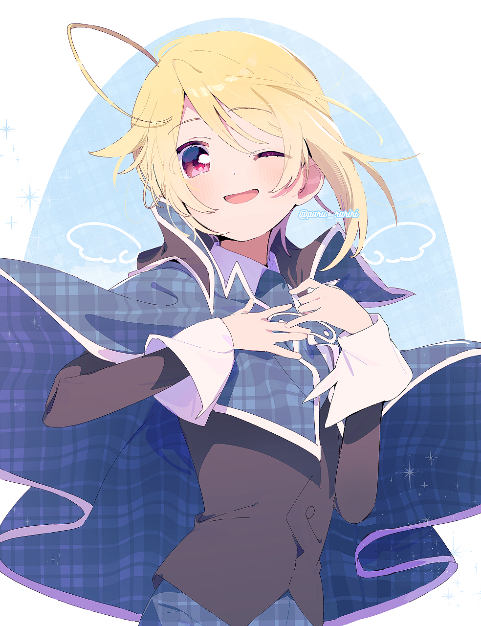 Safebooru - 1boy ahoge angel wings black jacket blazer blonde hair blue background blue capelet ...