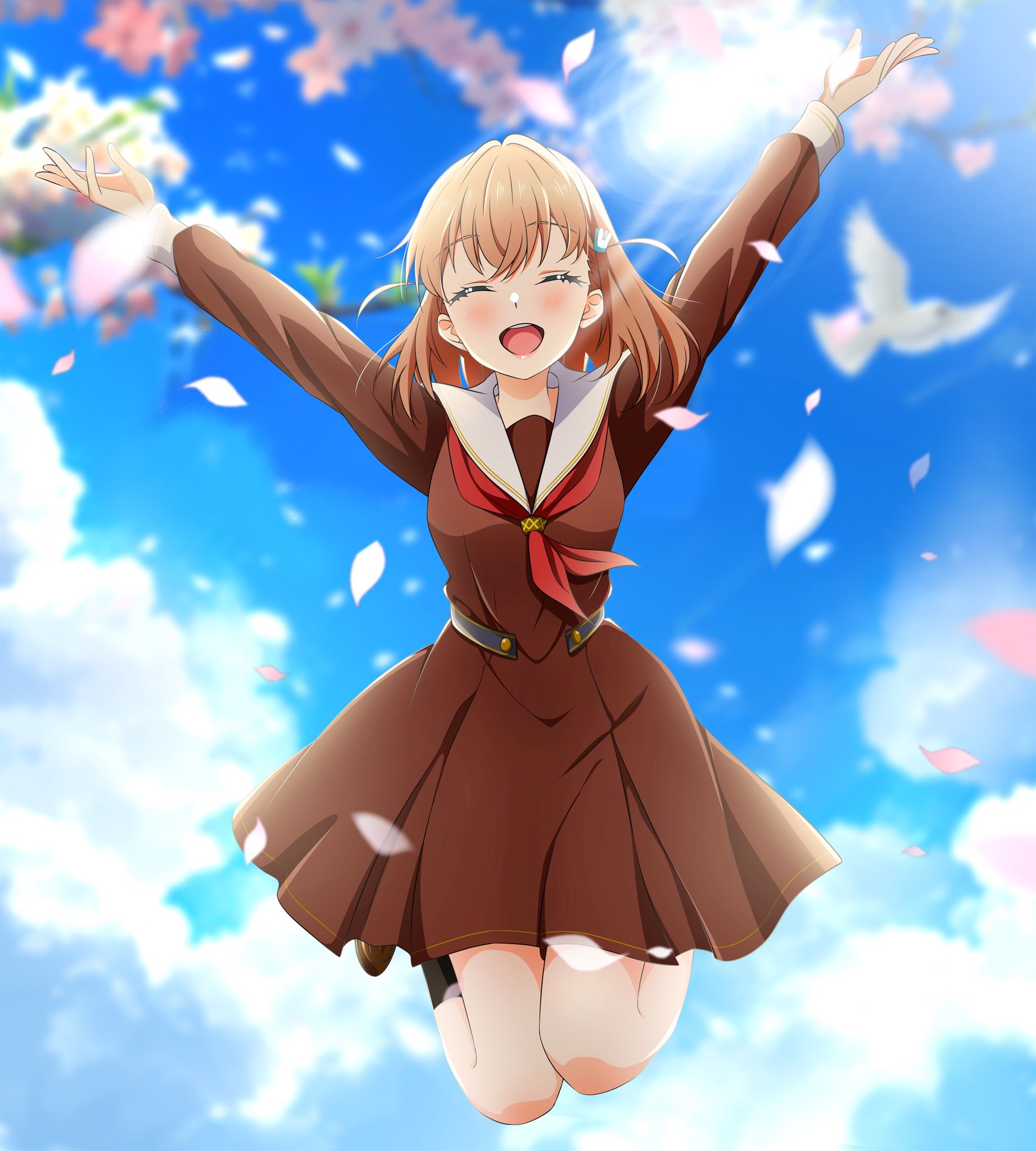 Safebooru - 1girl arms up black socks blue sky blush brown dress brown footwear closed eyes ...
