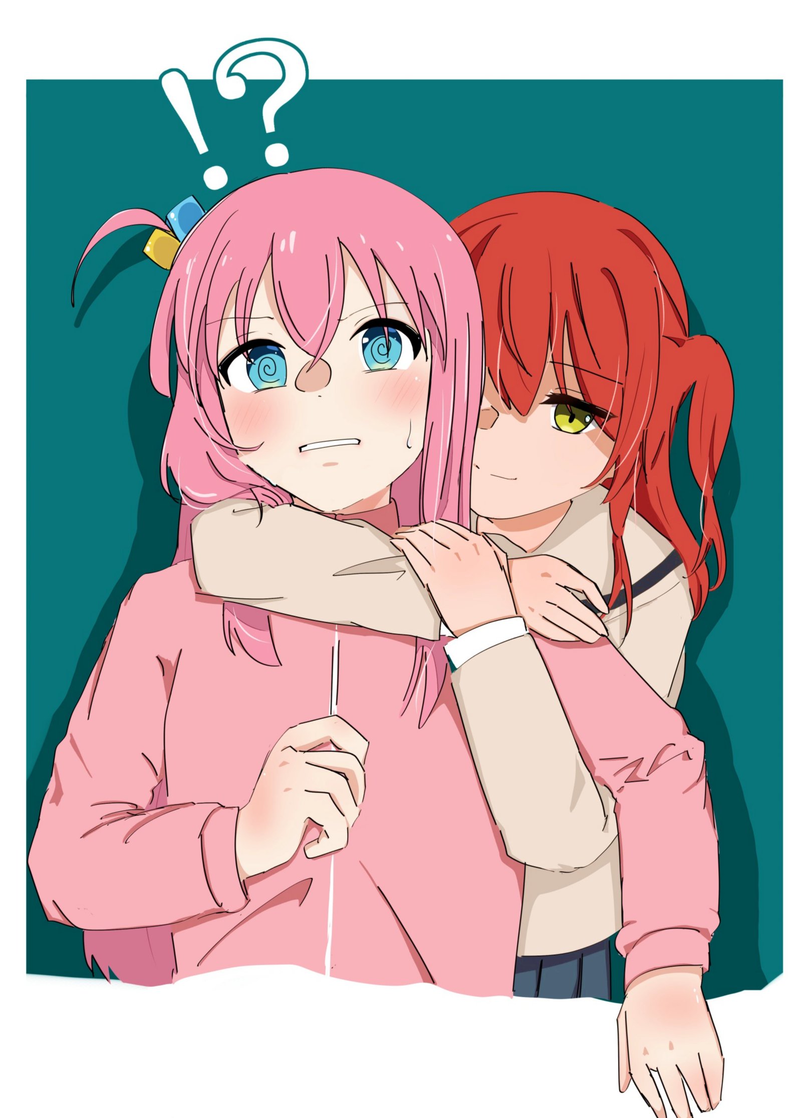 Safebooru - !? 2girls @ @ arm around neck black skirt blue background blue eyes blush bocchi the ...