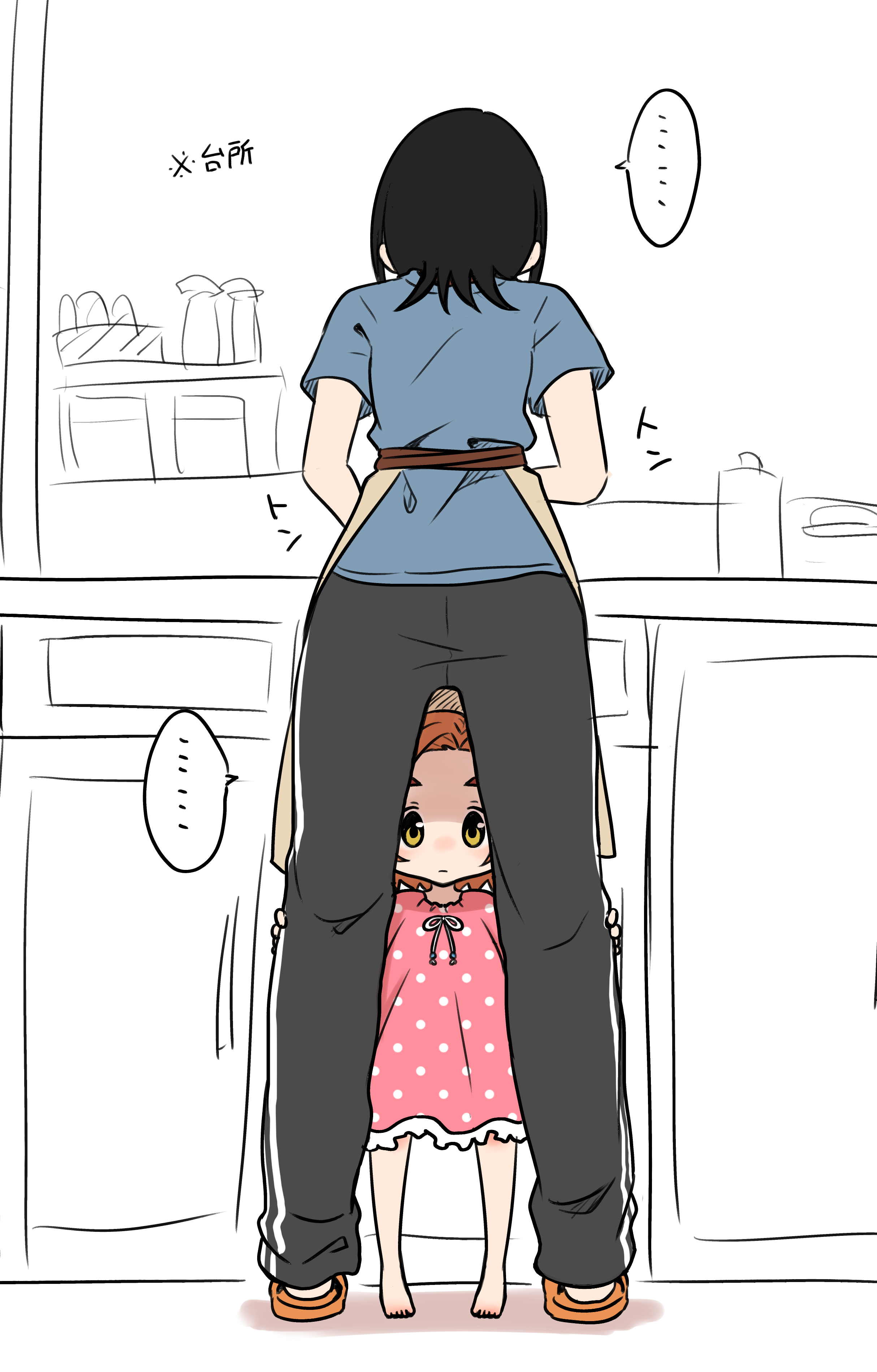 Safebooru - ... 2girls absurdres apron bare legs barefoot black hair black pants child dress ...
