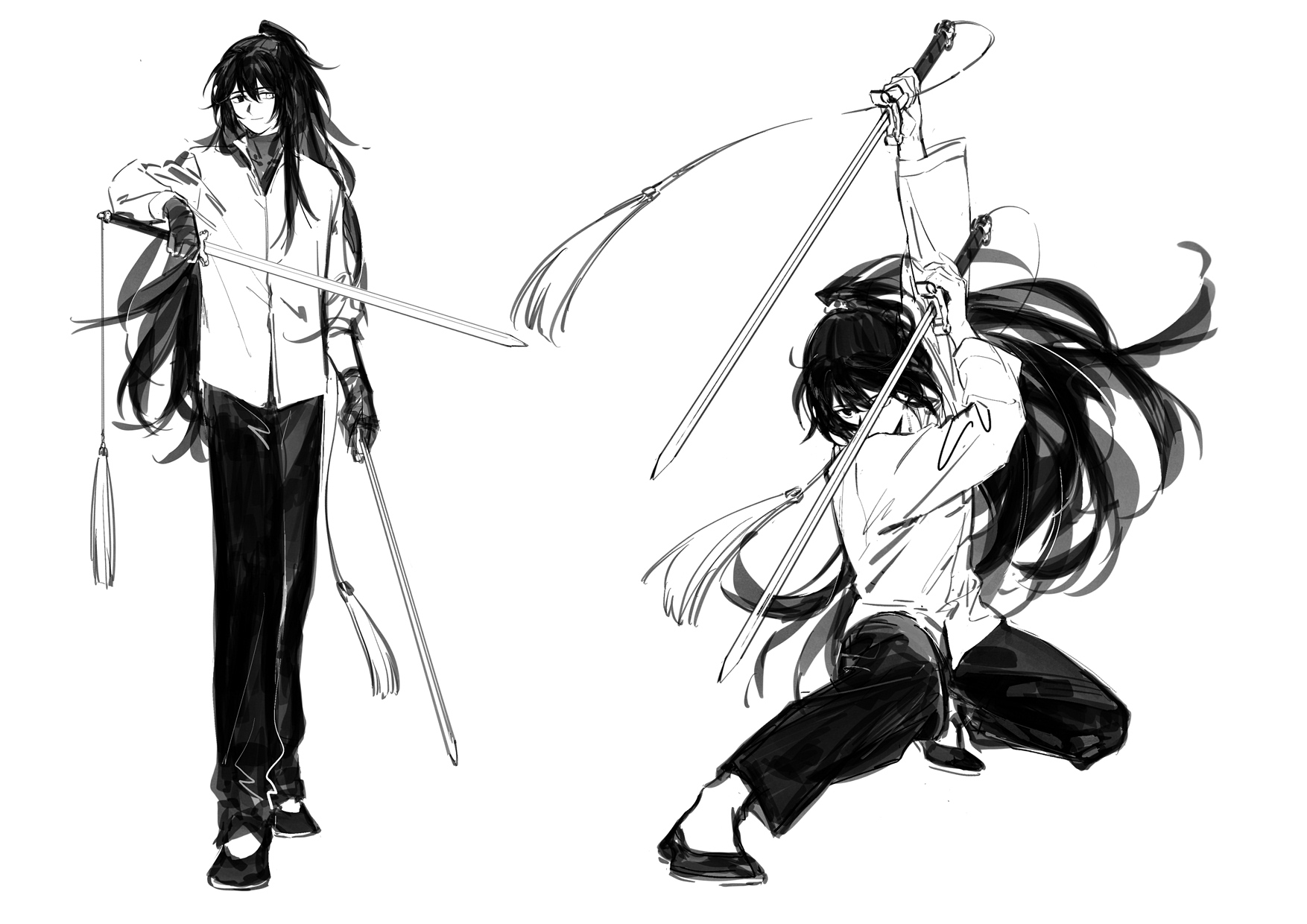 Safebooru - 1boy arms up dao dual wielding fighting stance flats full ...