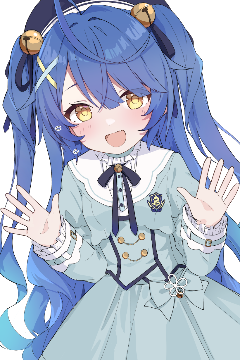 Safebooru - 1girl :d ahoge amamiya kokoro bell beret blue dress blue hair blush bow dress fang ...