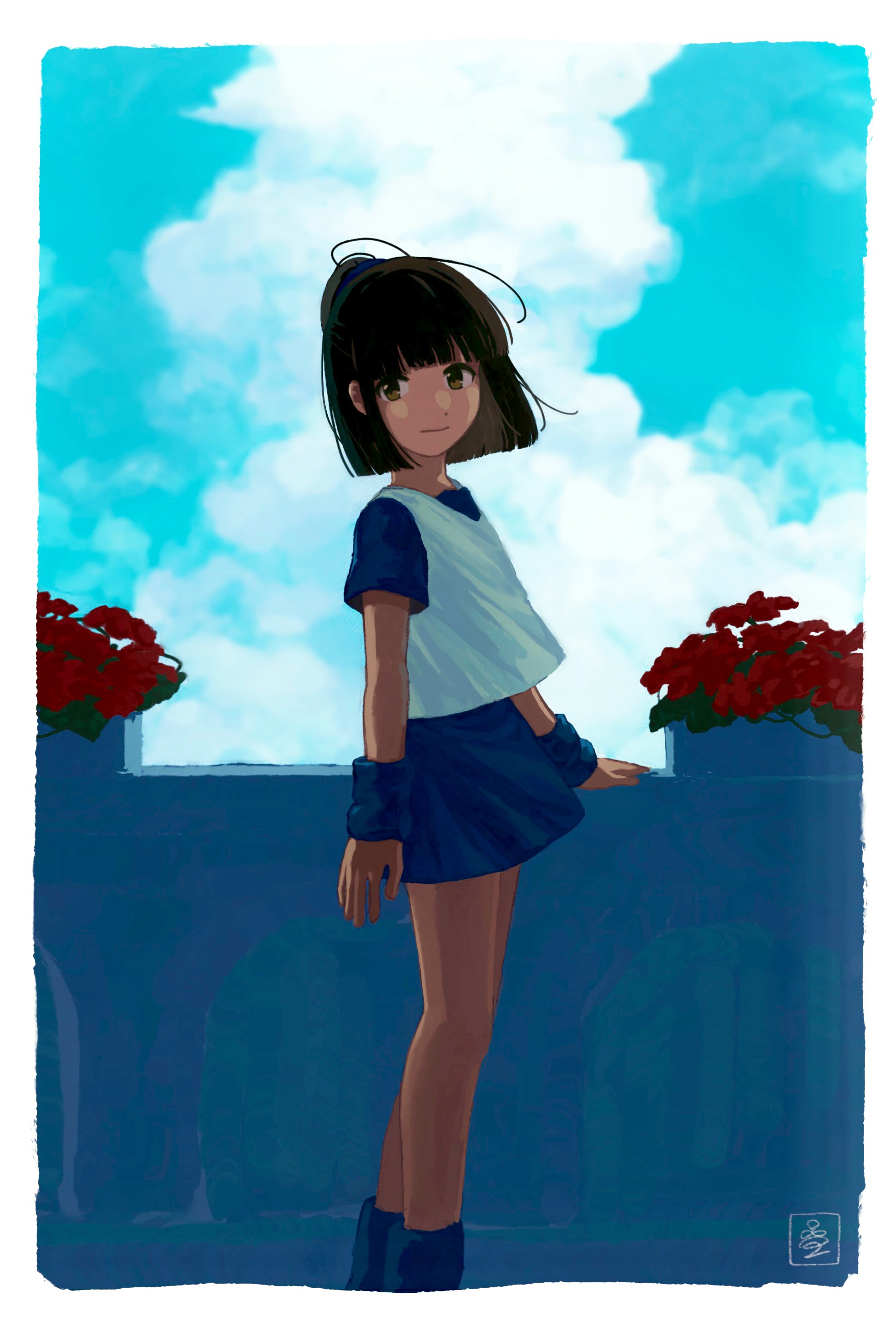 Safebooru - 1girl absurdres arle nadja artist logo blue dress blue wristband blunt bangs blunt ...