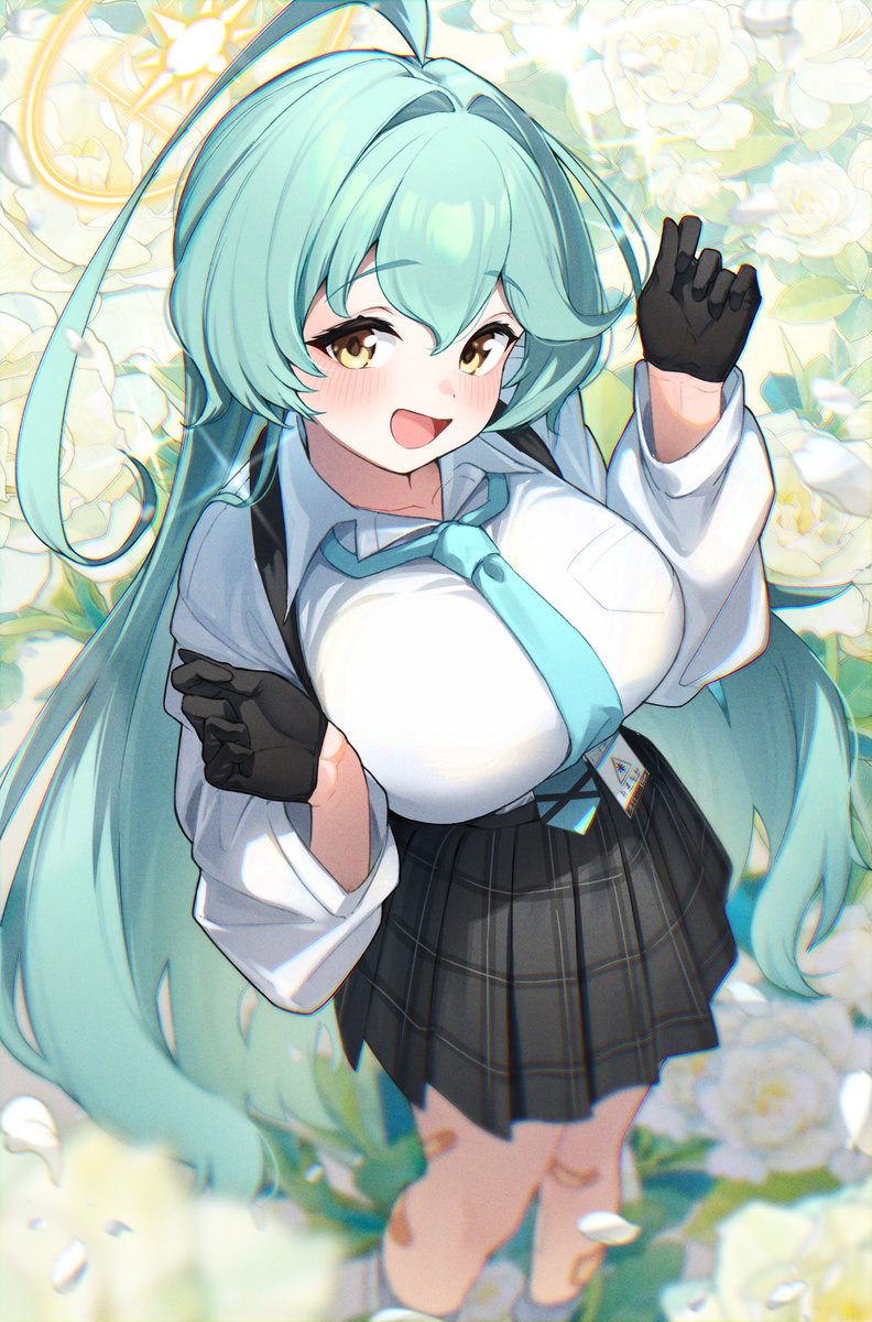 Safebooru - 1girl aqua hair aqua necktie arm up black gloves black skirt blue archive blurry ...