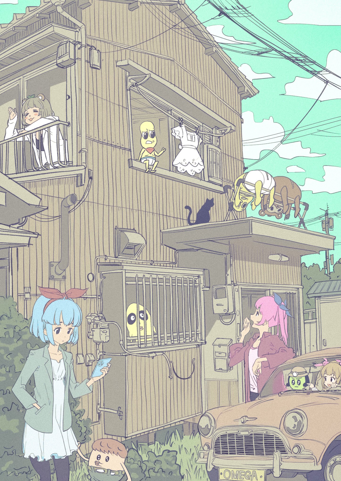 Safebooru - 2boys 4girls :3 against railing alternate costume animal ...