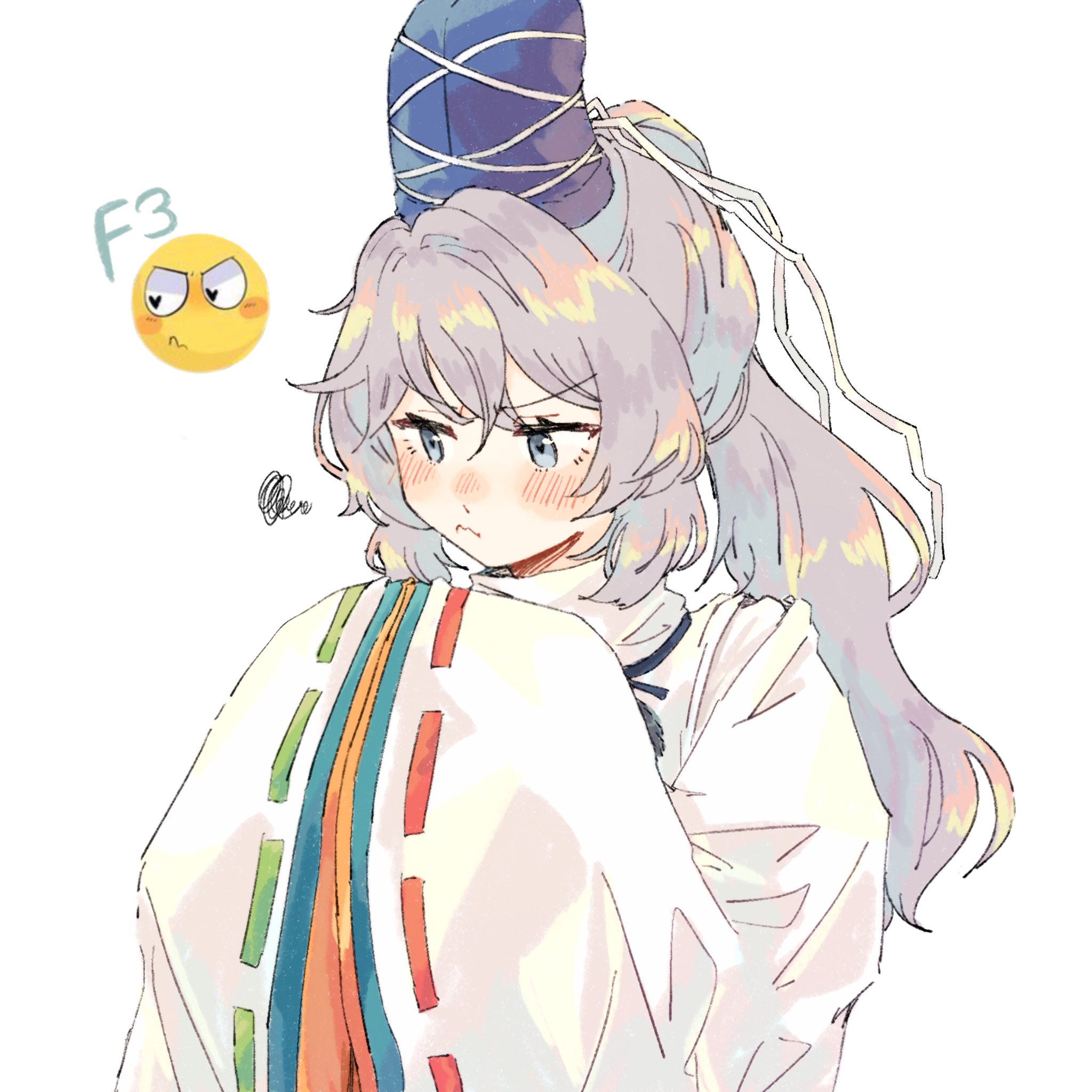 Safebooru - 1girl blue hat blush closed mouth commentary request grey ...