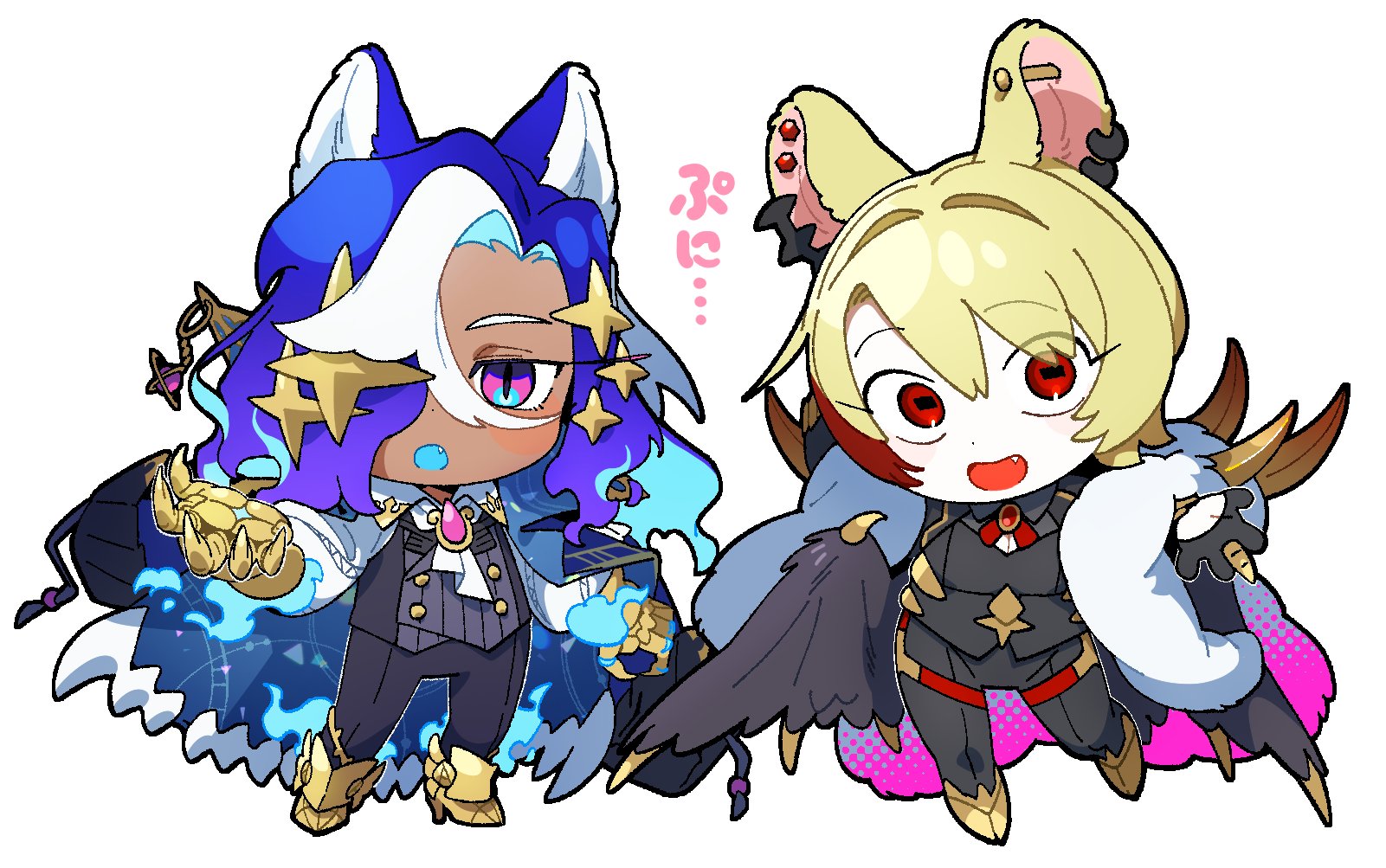 Safebooru - 2boys animal ears black gloves black vest blue eyes blue fire blue hair cape chibi ...