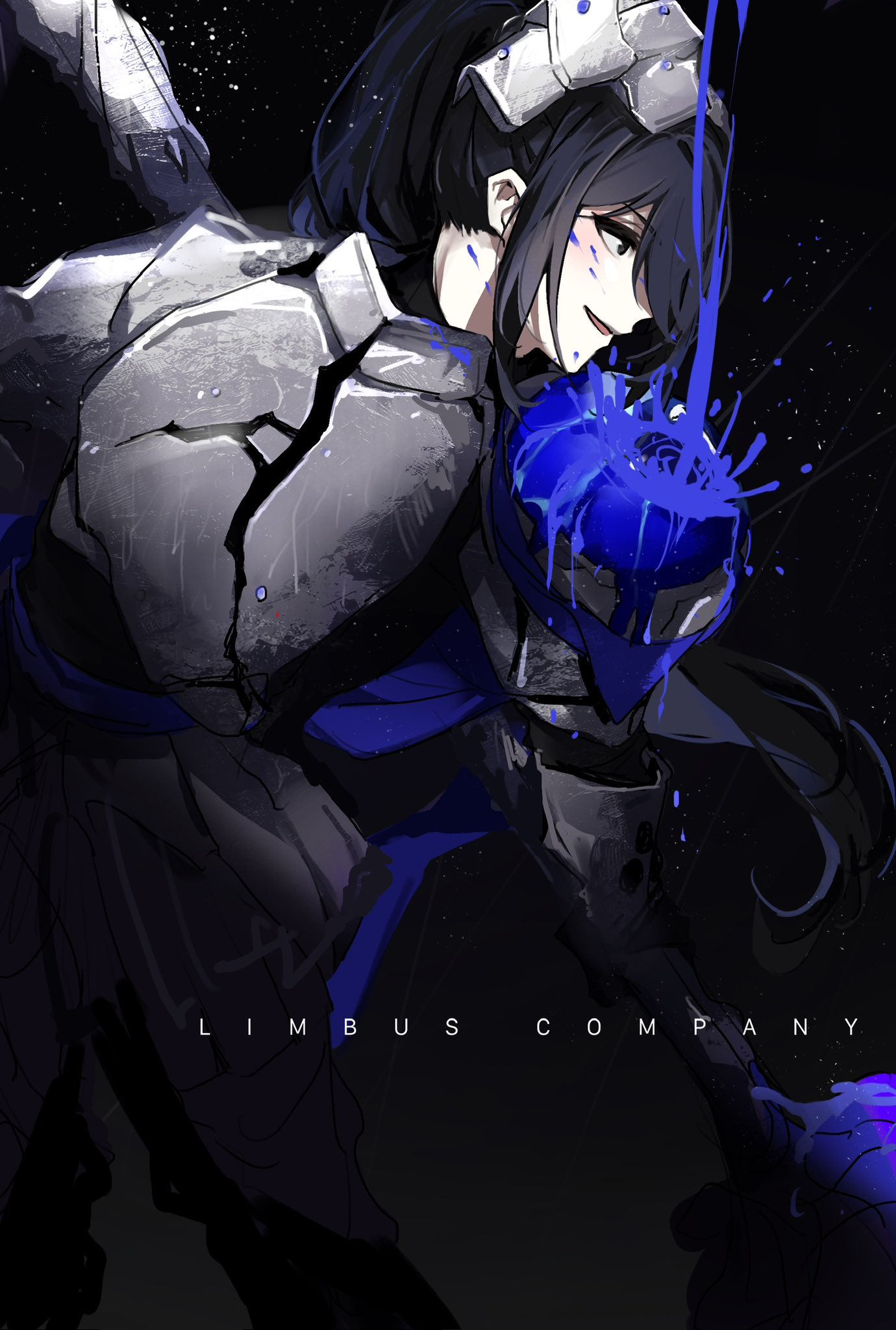 Safebooru - 1boy armor black armor black background black eyes black hair blue liquid blue sash ...