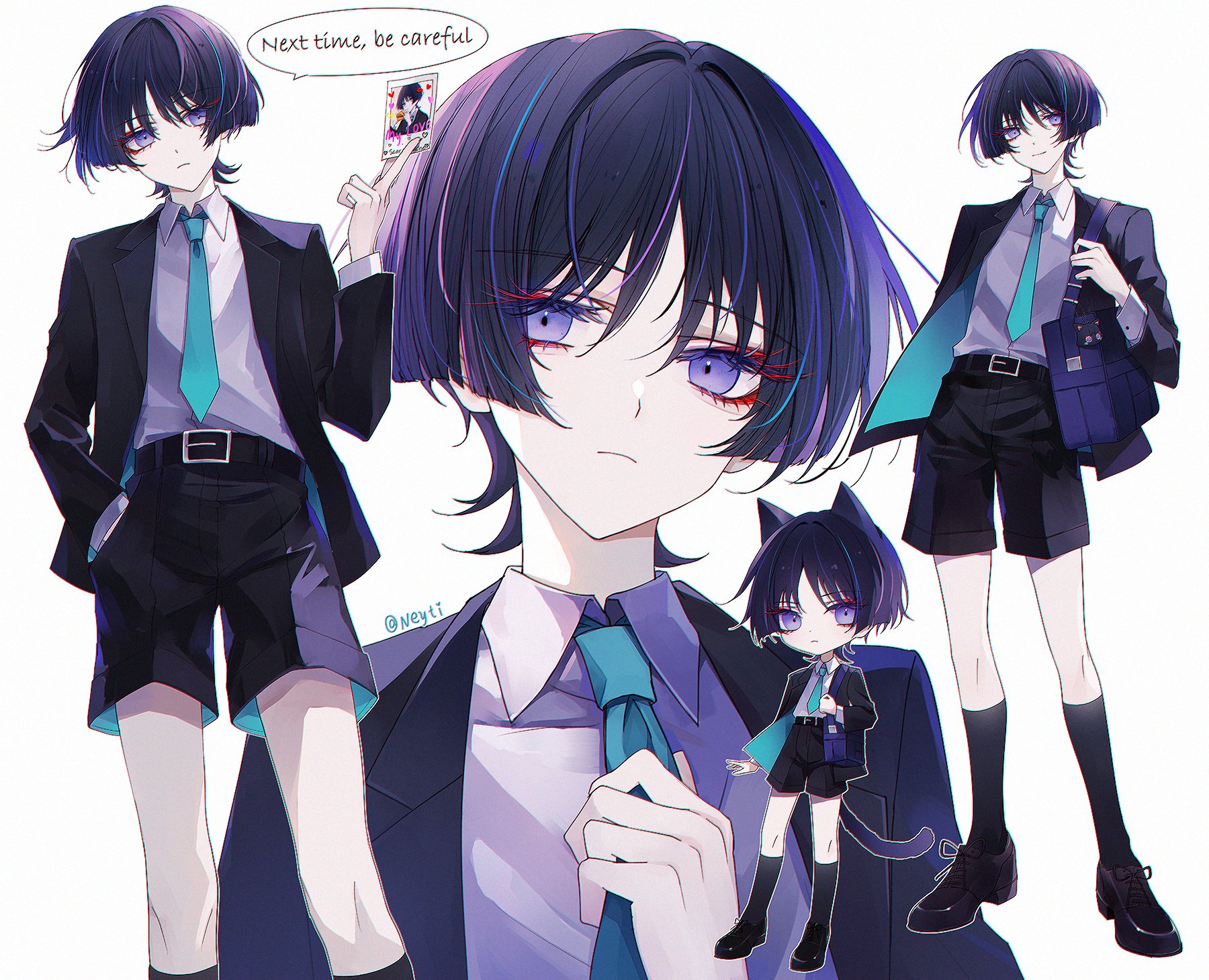 Safebooru - 1boy animal ears bag belt black coat black footwear black shorts black socks blue ...