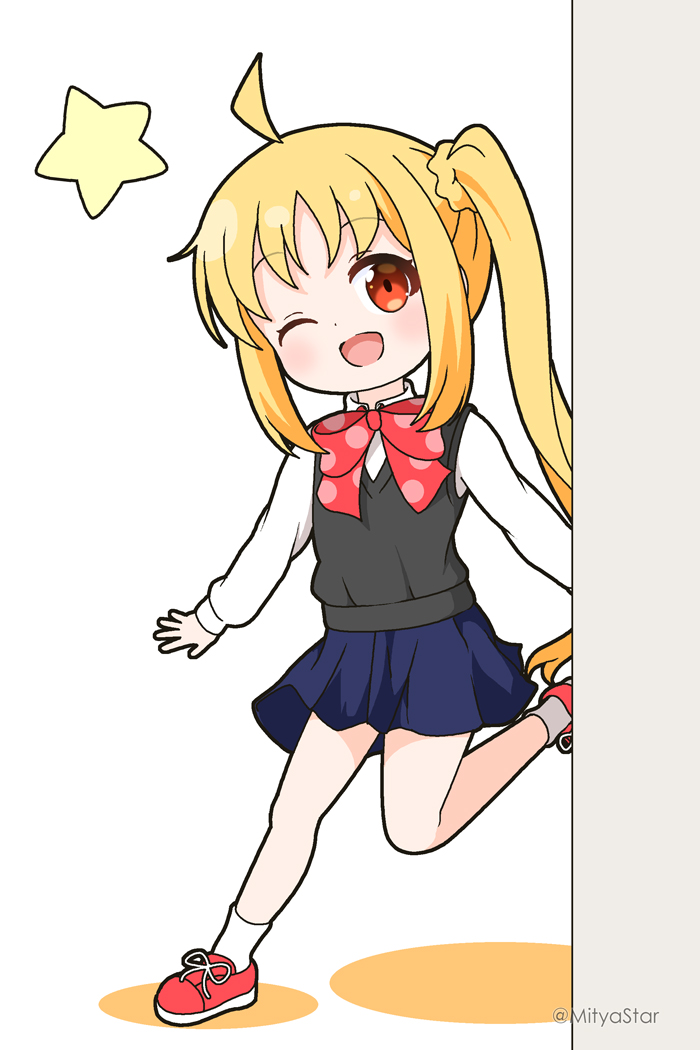 Safebooru - 1girl ;d ahoge blonde hair blue skirt bocchi the rock! bow braid collared shirt ...
