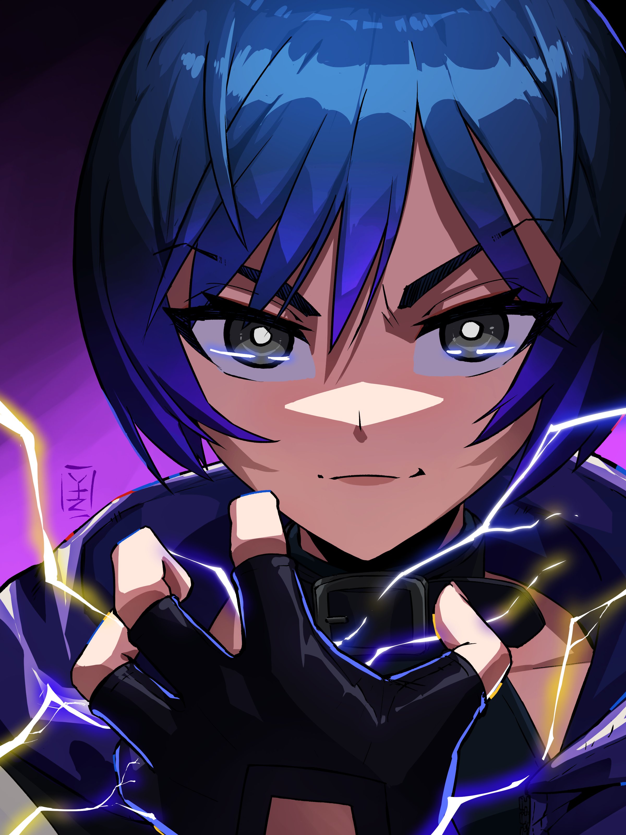 Safebooru - 1girl absurdres artist name black gloves blue hair bodysuit close-up closed mouth ...