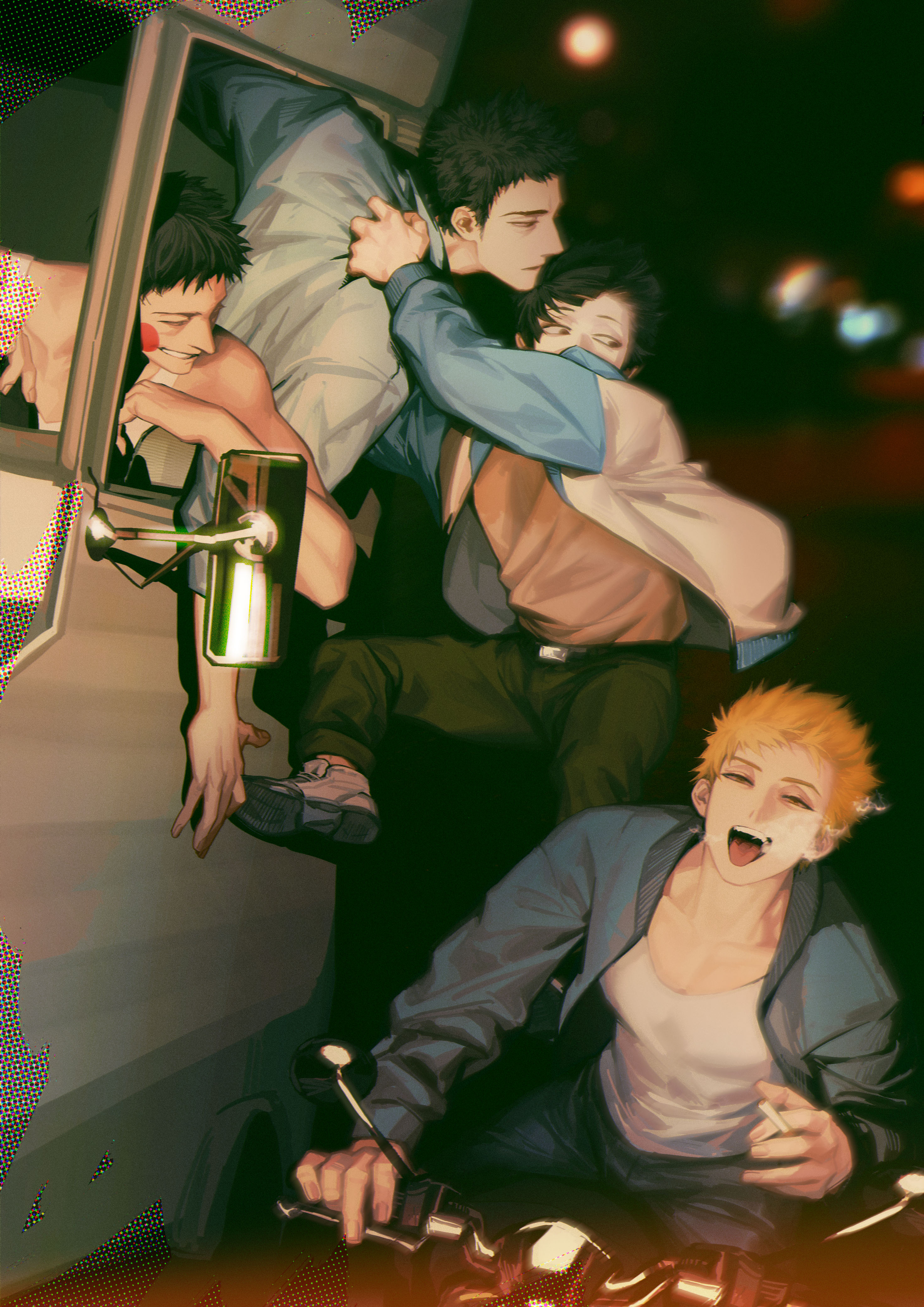 Safebooru - 4boys absurdres bare arms bare shoulders belt belt buckle between fingers black belt ...