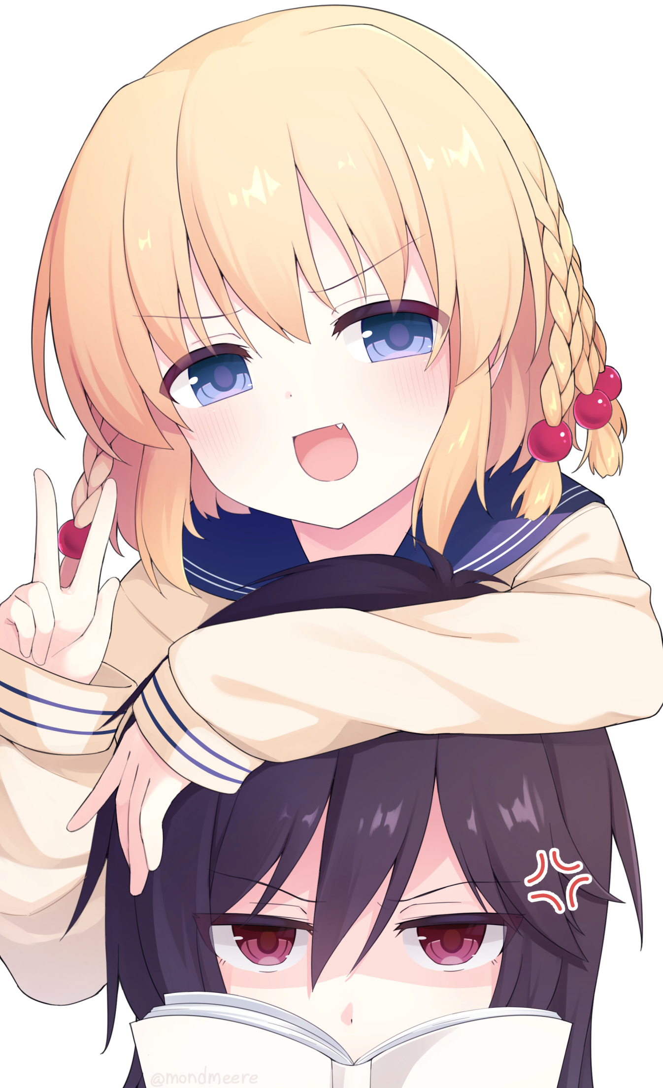 Safebooru - >:) 2girls anger vein angry arm up black hair blonde hair blue eyes blue sailor ...