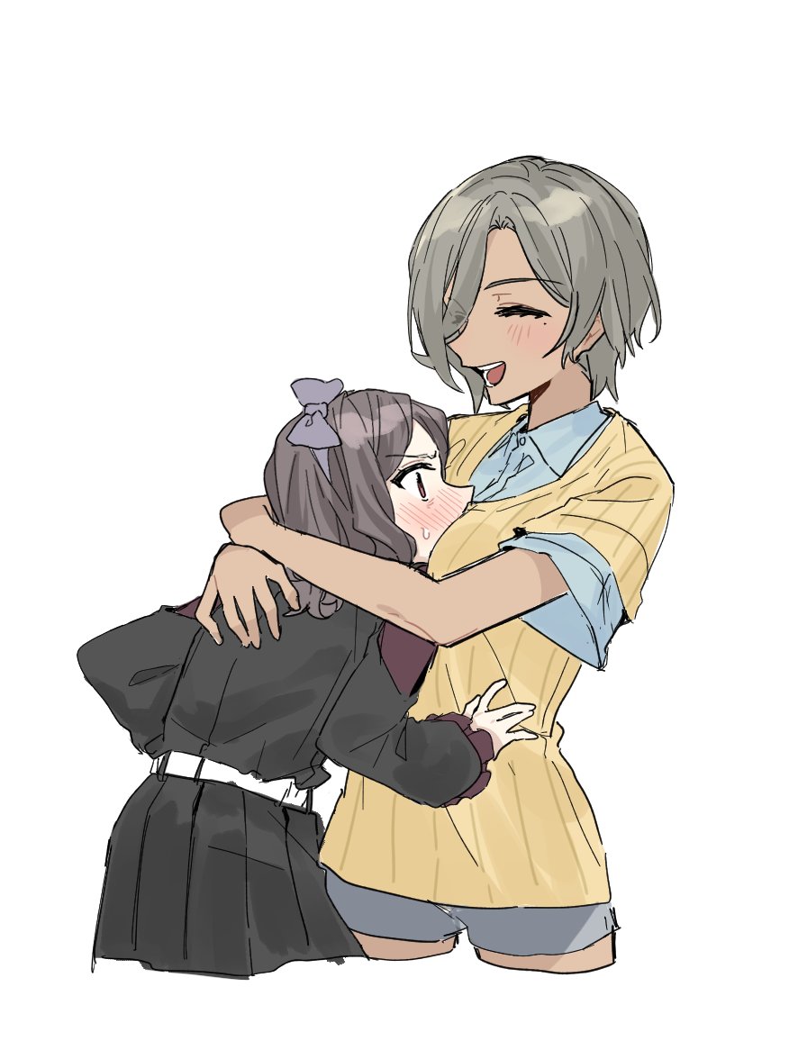 Safebooru - 2girls between breasts black dress blue shirt blush bow breasts brown hair closed ...