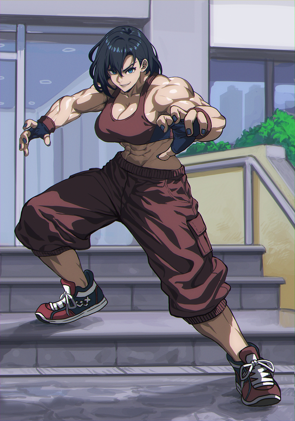 Safebooru - 1girl abs biceps black hair breasts cargo shorts fighting ...
