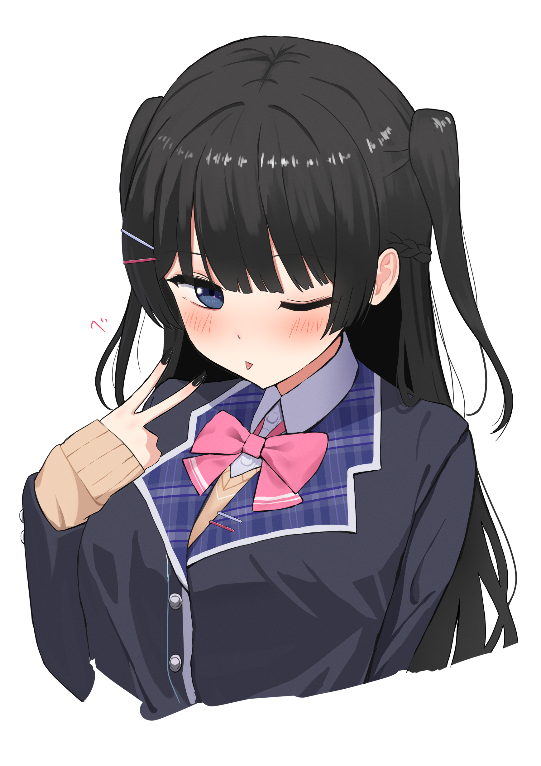 Safebooru - 1girl :p absurdres arm at side black hair black jacket black nails blazer blue eyes ...