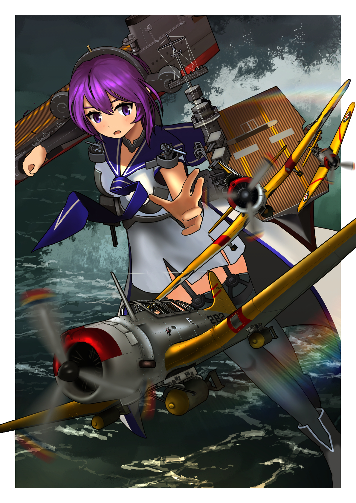 Safebooru - 2girls aircraft airplane black footwear black thighhighs ...